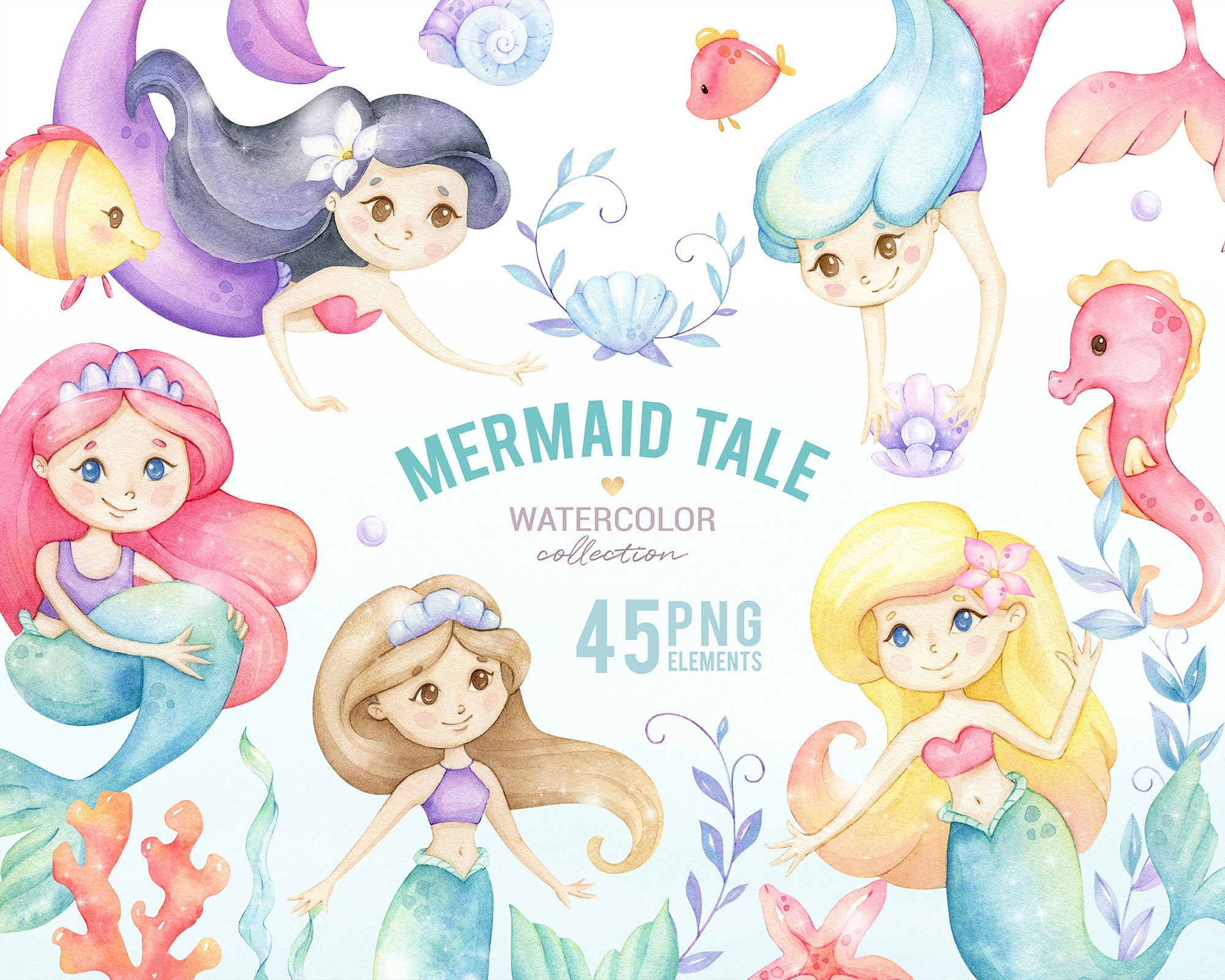 Mermaids Watercolor Under the sea Clipart Baby girl nautical clip art ...