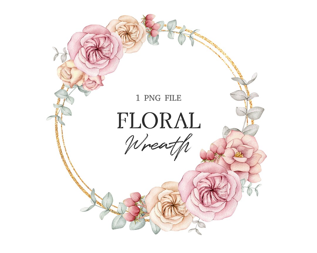 Watercolor Boho Floral Wreath Clipart, Pink Rose and Eucalyptus ...