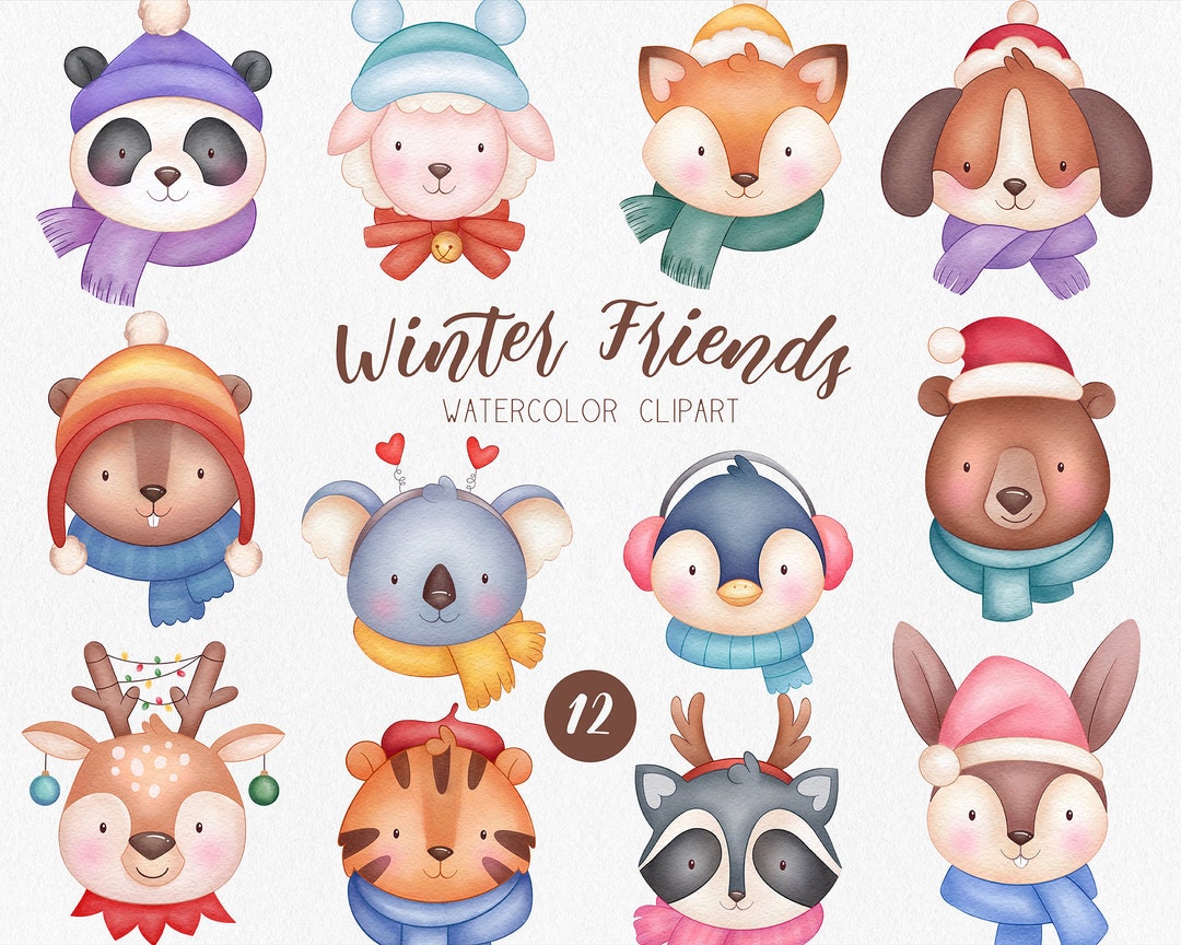 Cute Christmas Animals Clipart, Watercolor Winter Clipart, Kids Clipart ...