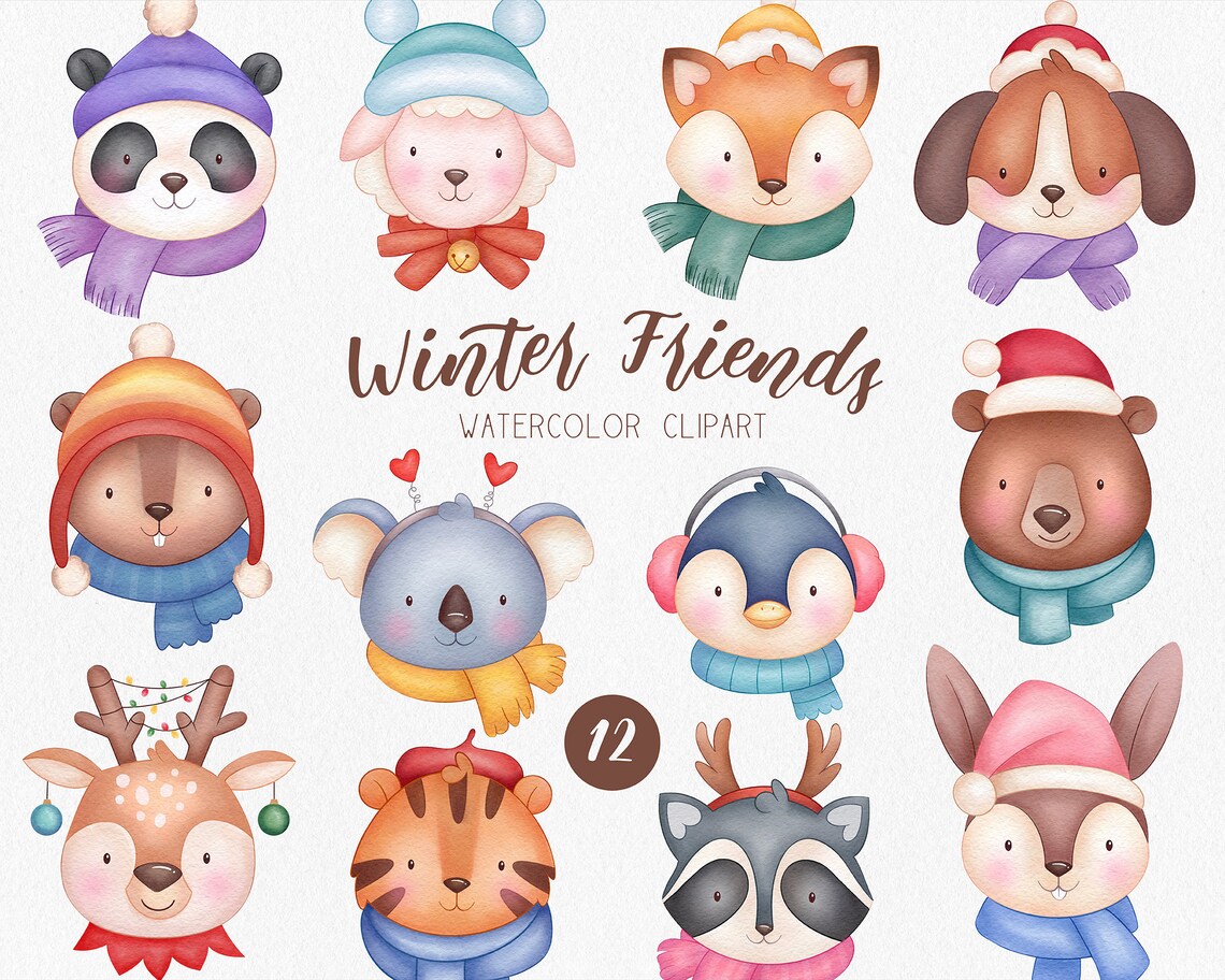 Cute Christmas Animals Clipart Watercolor Winter Clipart - Etsy