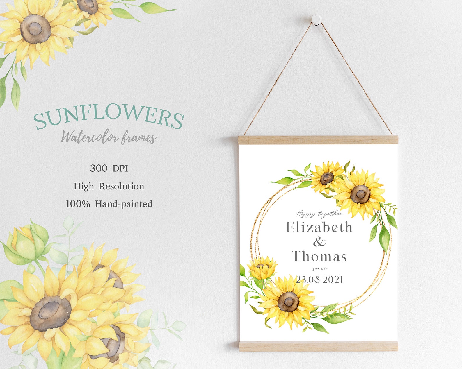 Sunflower Wreath Clipart Gold Geometric Floral Frames Summer - Etsy