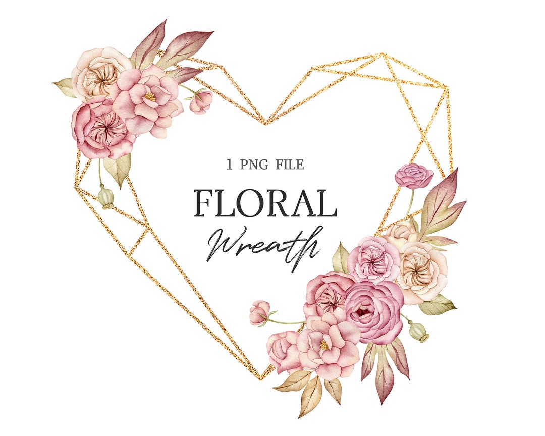 Watercolor Boho Floral Wreath Clipart, Dusty Pink Rose Frame, Gold ...