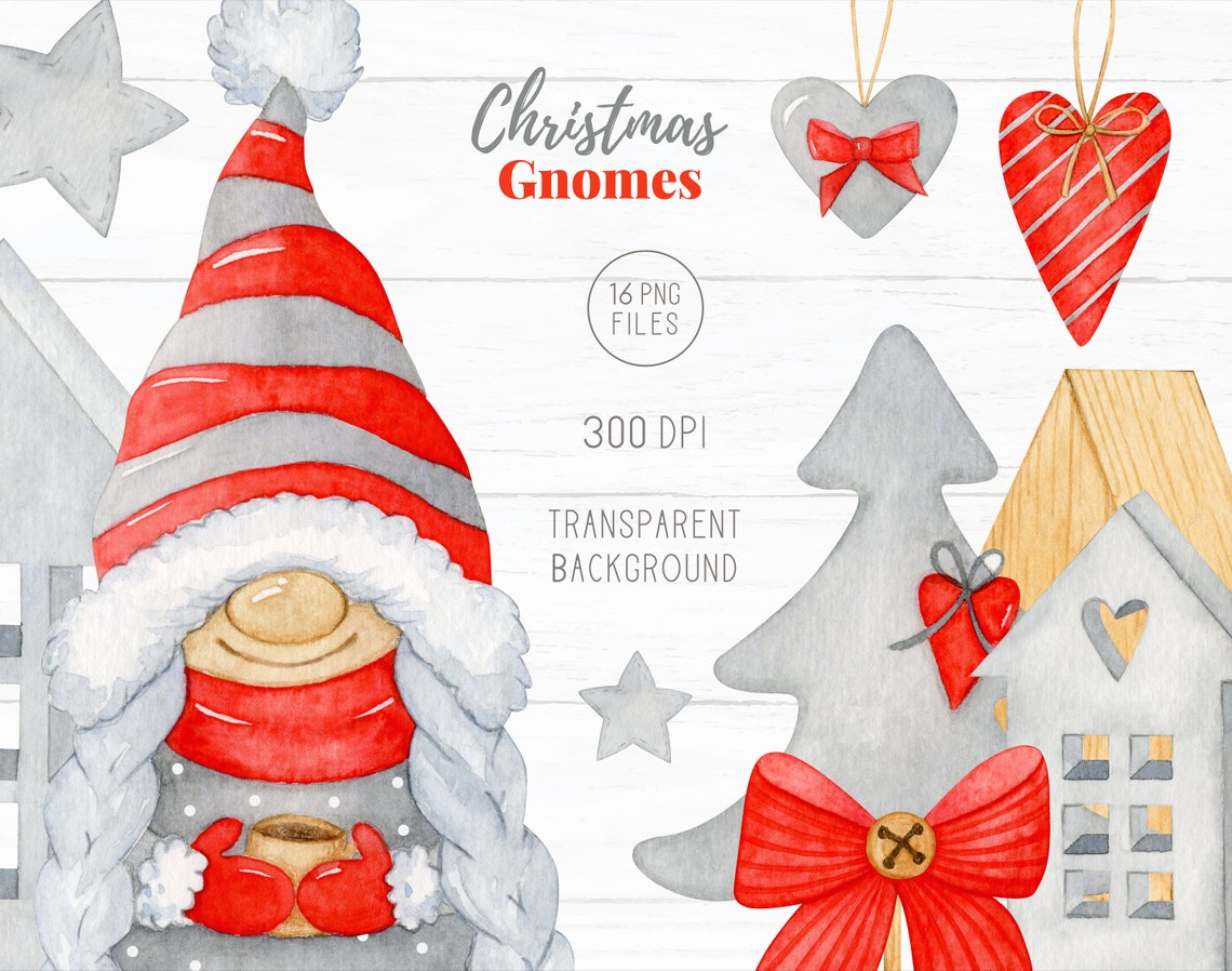 Christmas Gnome Watercolor Clipart Scandinavian Gnomes | Etsy