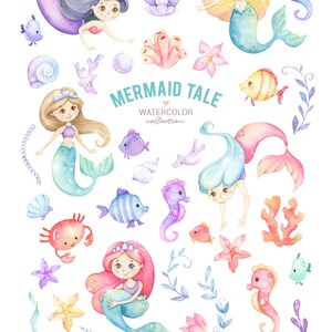 Mermaid Clipart, Watercolor Cute Mermaid Graphics, Nautical, Sea, Ocean ...