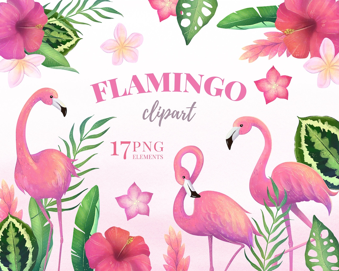 Flamingo Clipart Tropical Clipart Tropical Leaves Tropical - Etsy