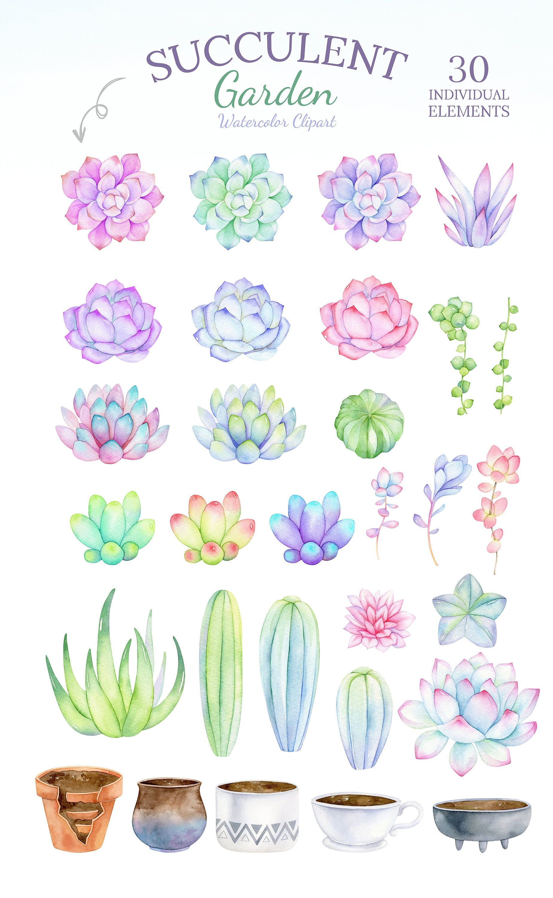 Watercolor Succulent Clipart Cactus Garden Creator DIY Mix - Etsy