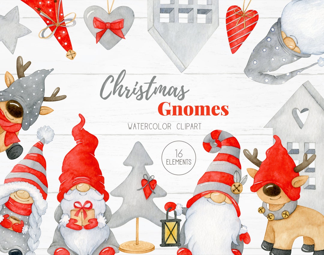 Christmas Gnome Watercolor Clipart Scandinavian Gnomes - Etsy