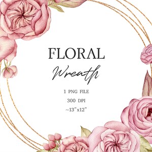 Watercolor Boho Floral Wreath Clipart, Dusty Pink Rose Frame, Gold ...