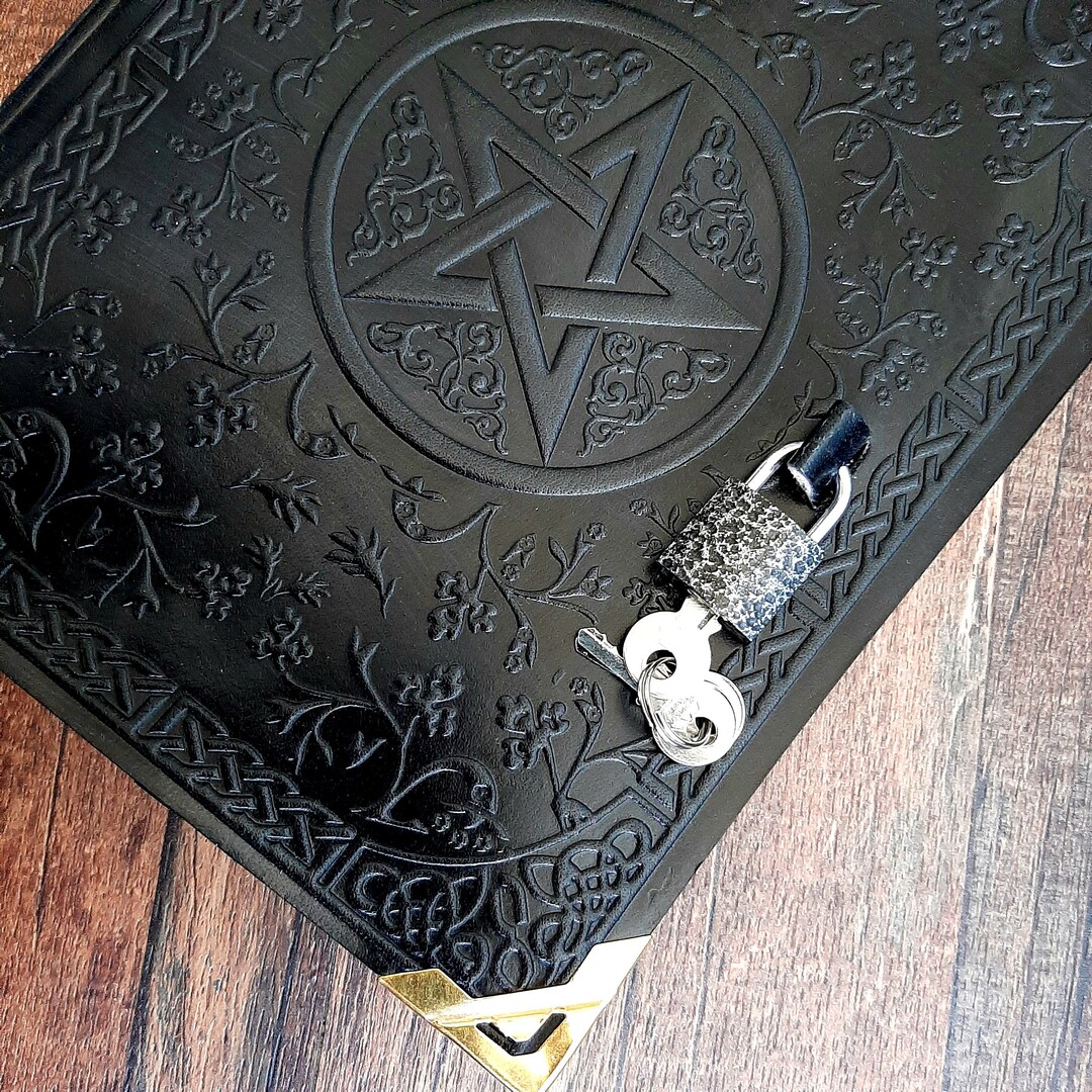 9" Pentagram Lock and Key Real Lock Black Pentacle Embossed Leather ...