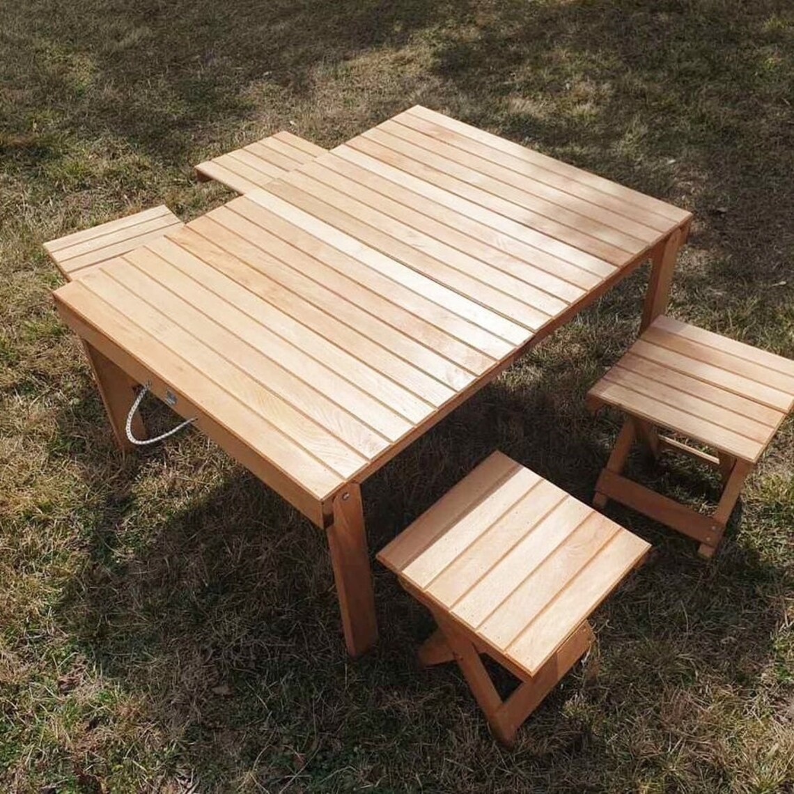 Wooden Folding Table and 4 Stools Portable Wood Table Set | Etsy