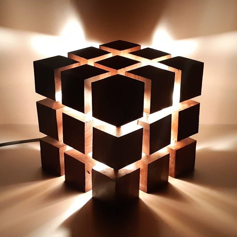 Decorative Wooden Lamp, Solid Wood Night Light, Lampshade, Cube Lamp ...