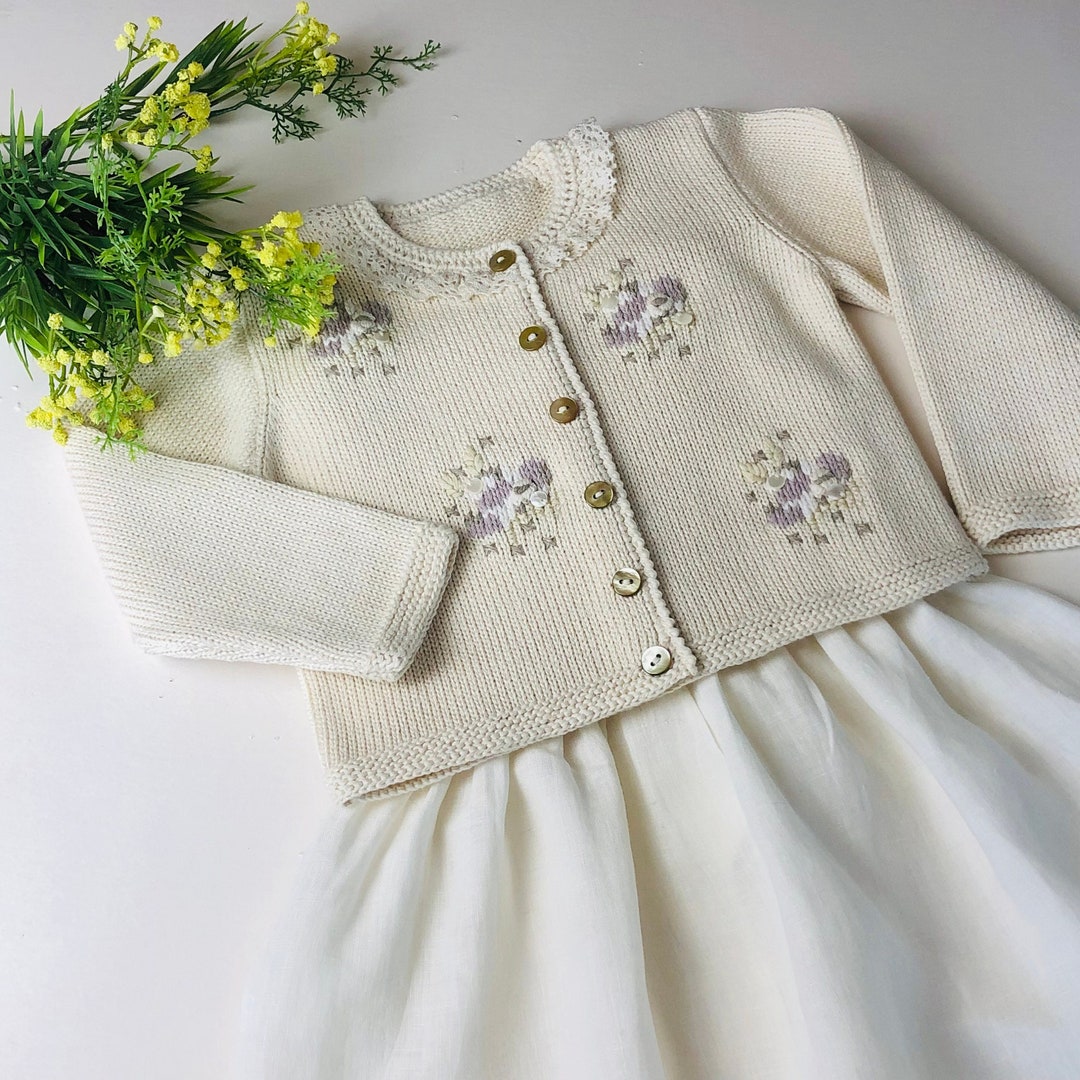 Floral Embroidered Baby Cardigan: Cream Knit Cotton Sweater With Pearl ...