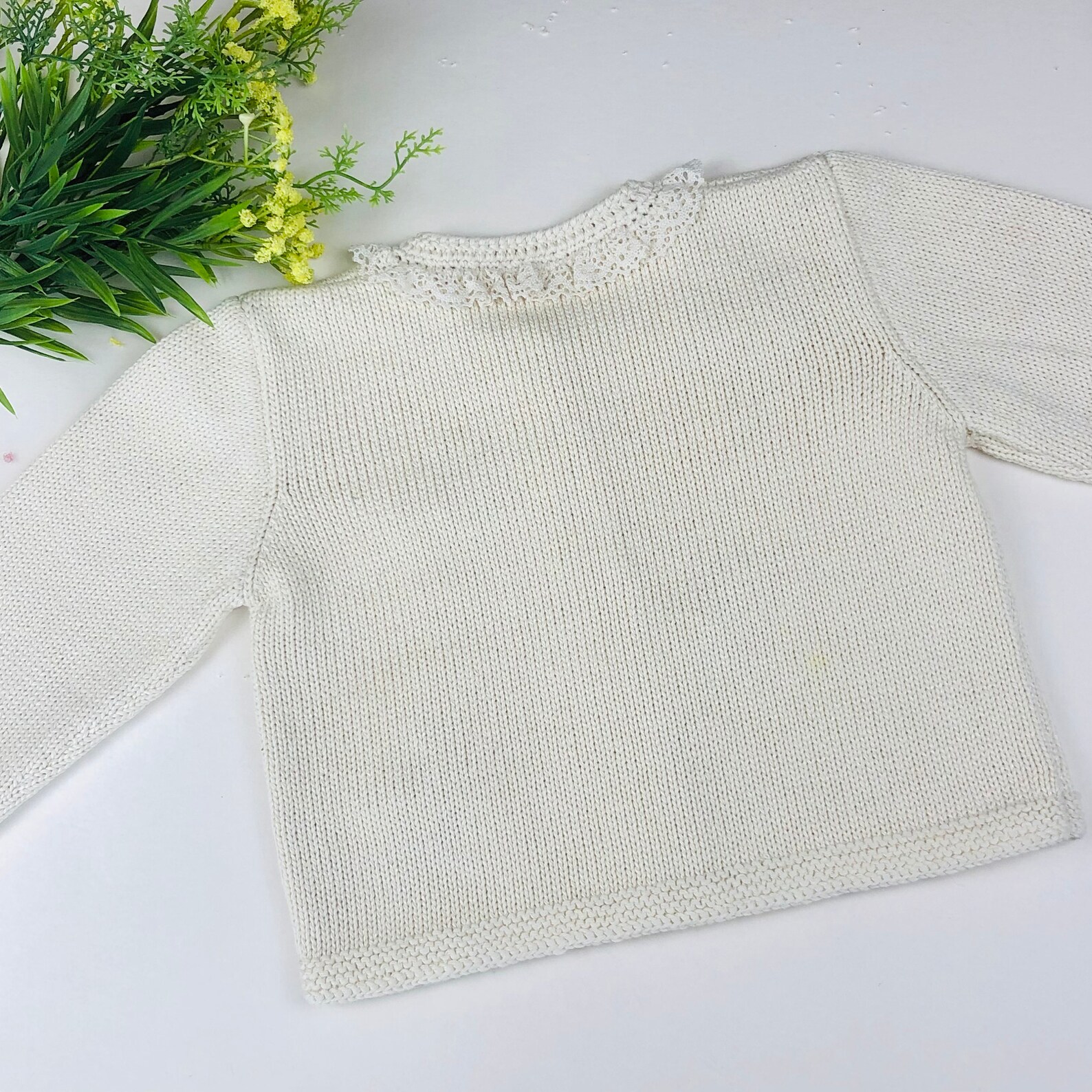 Floral Embroidered Baby Cardigan: Cream Knit Cotton Sweater With Pearl ...
