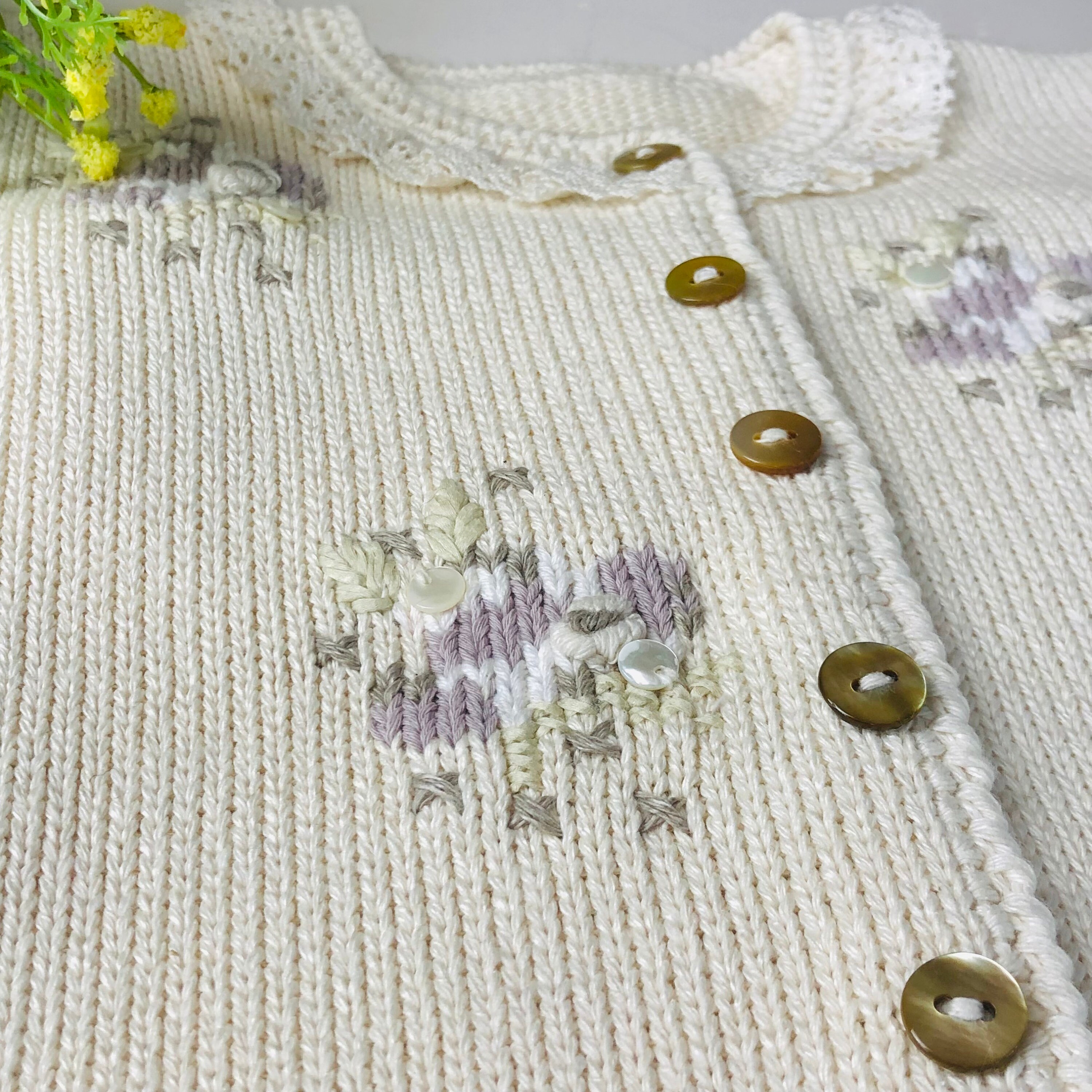 Floral Embroidered Baby Cardigan: Cream Knit Cotton Sweater With Pearl ...
