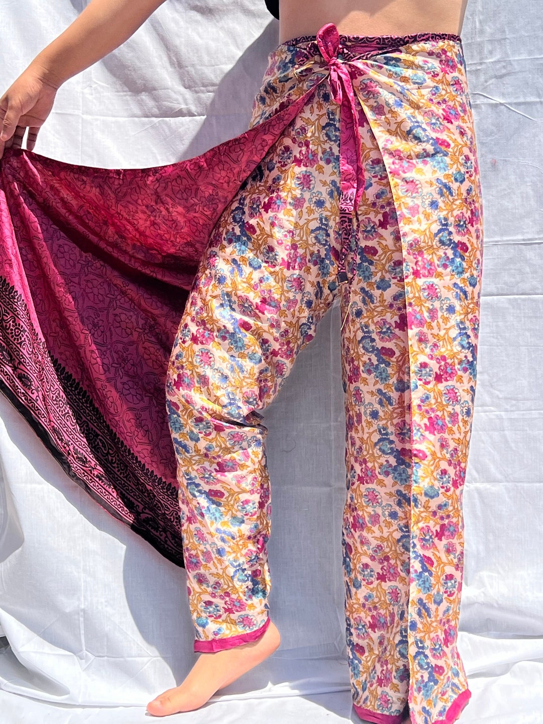 Indian Silk Blend Pants, Reversible Silk Blend Harem Pants, Wrap Around Pants Wide Leg Festival ...