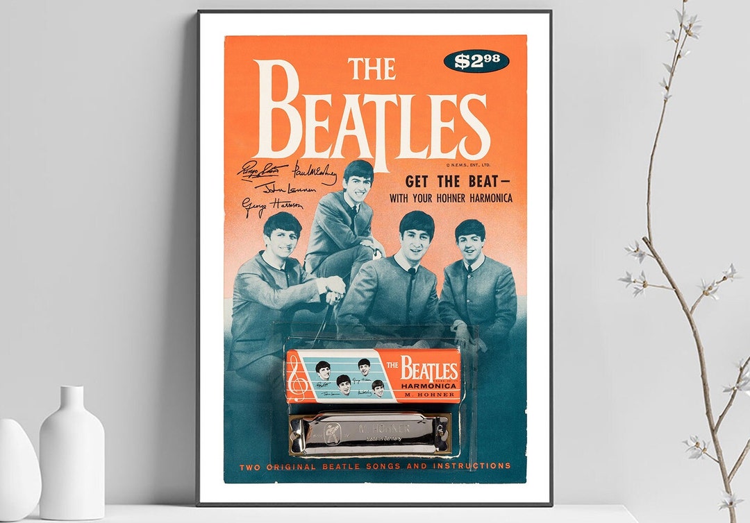 Vintage Beatles Hohner Harmonica Display Poster, Digital Art Print ...