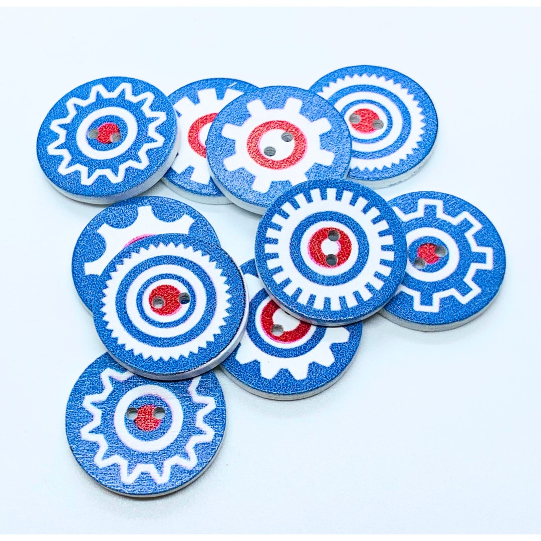 Wooden Retro Buttons, Gear Pattern Buttons, Red, White, Blue Buttons, 2 ...