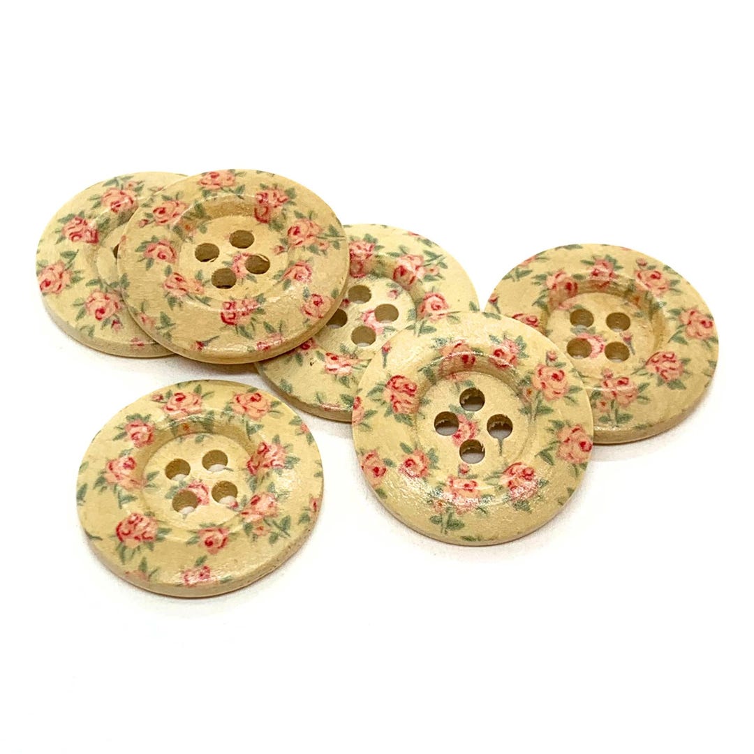 Pink Rose Flowered Button, Round Wooden Button, Flower Design, 4 Hole ...