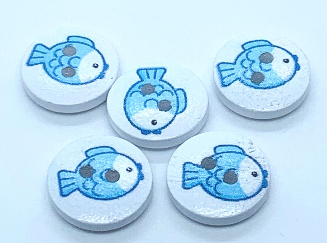 Round, Wooden Button, Blue Fish Button, 2 Hole, 15 Mm, Ocean Theme ...
