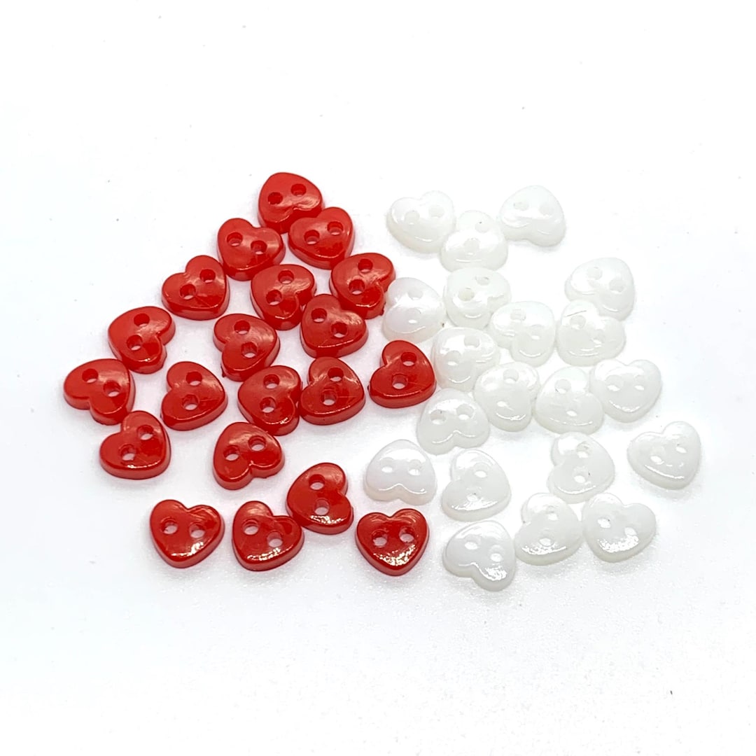 Red Heart, White Heart, 6mm, Craft Button, Doll Clothes Button, Doll ...