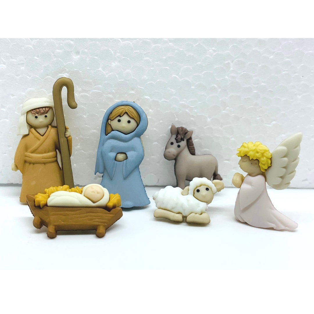 Nativity Set Buttons, Baby in Manger, Mary and Joseph, Barn Animals ...