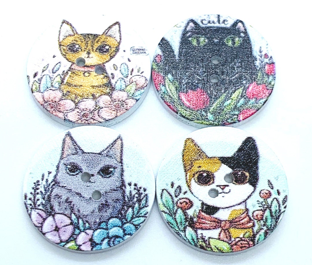 Cool Cats, Smiley Cats, Cartoon Cats, Cat Face Buttons, Round, Wooden ...