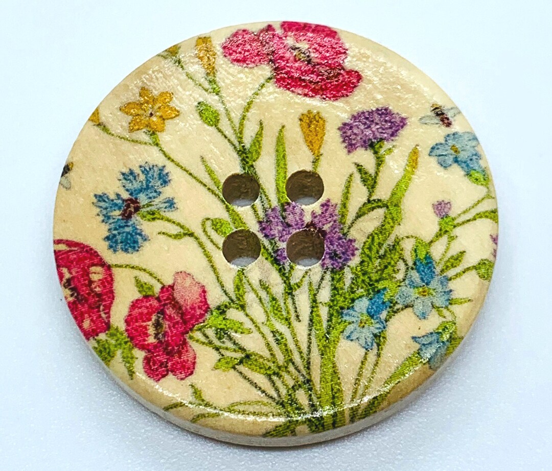 Wild Flowers Button, Round, Wooden Button, Flower Design, 4 Holes ...