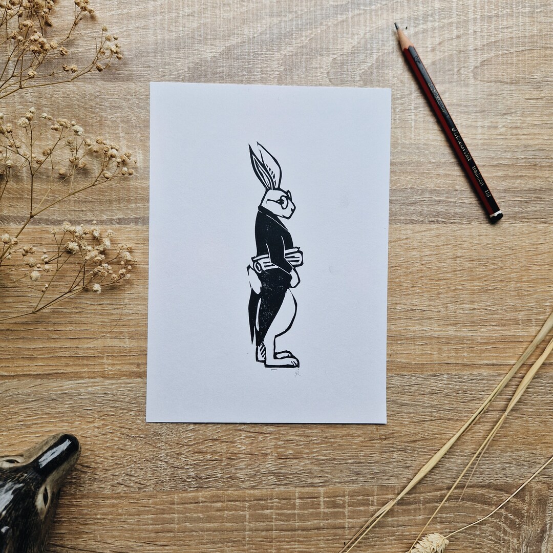 White Rabbit - A5 Original Linocut Print - Hand-pressed - Etsy