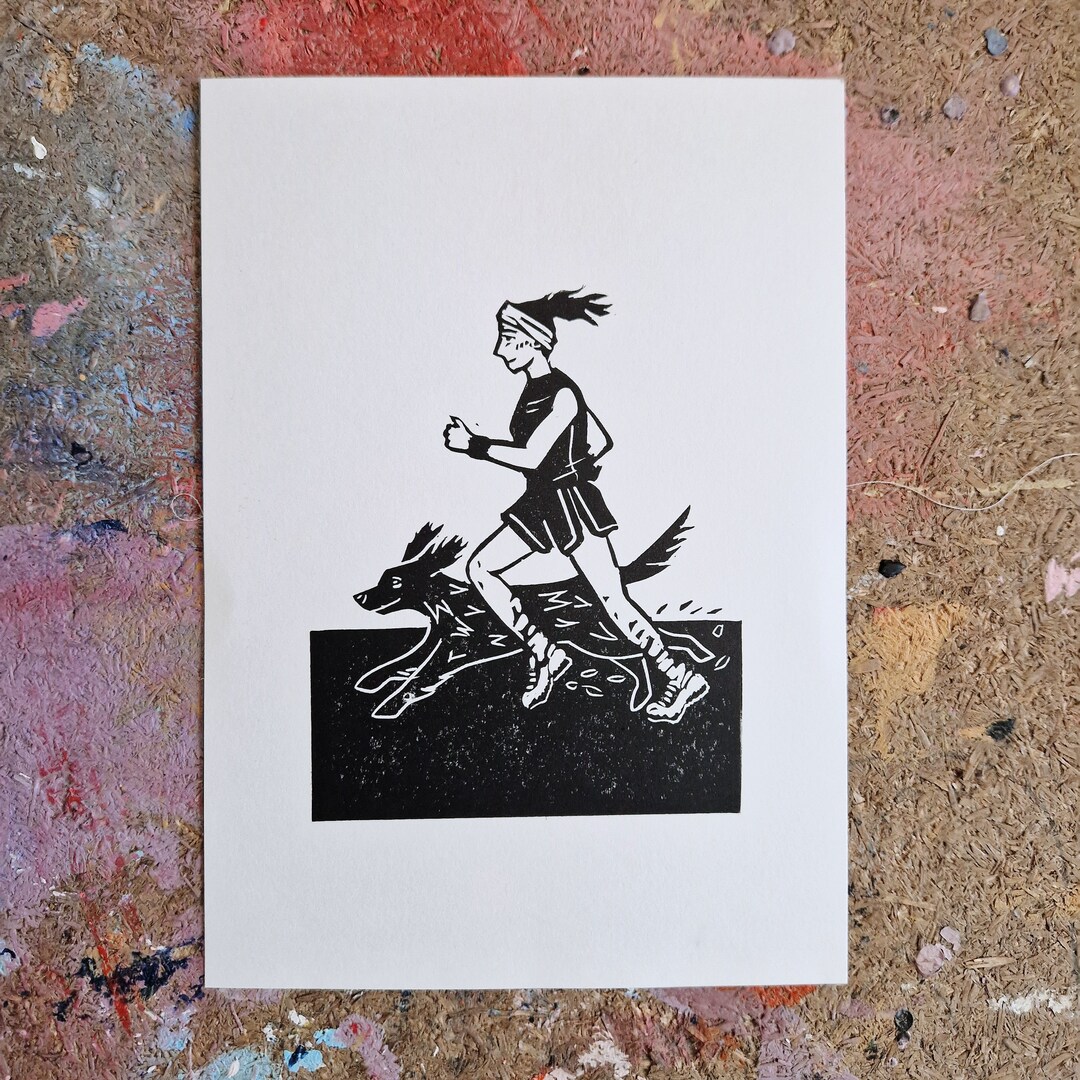Trail Runners - Original Linocut Print A5 - Woman and Dog Running - Etsy