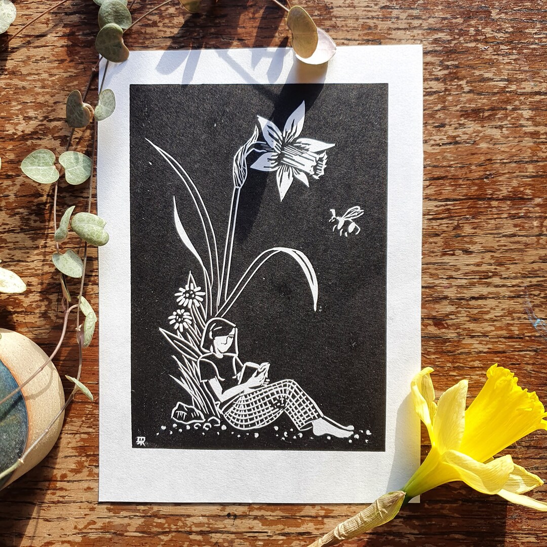 Daffodil Dreamer Lino Cut Print Original Handprinted Art - Etsy