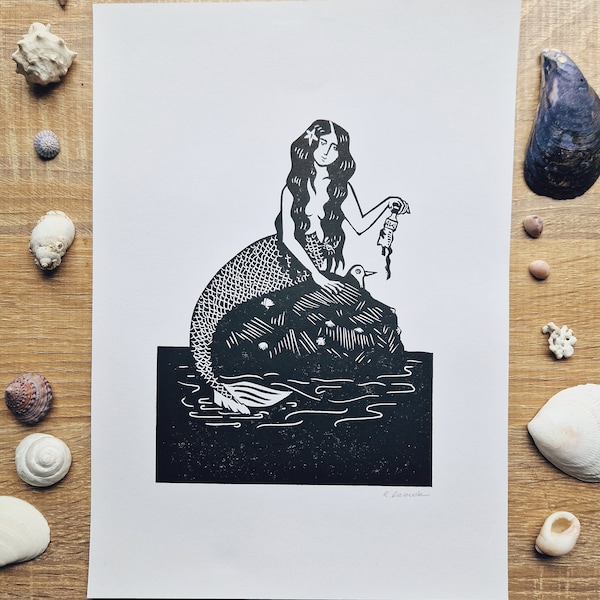 Mermaid Linocut - Etsy