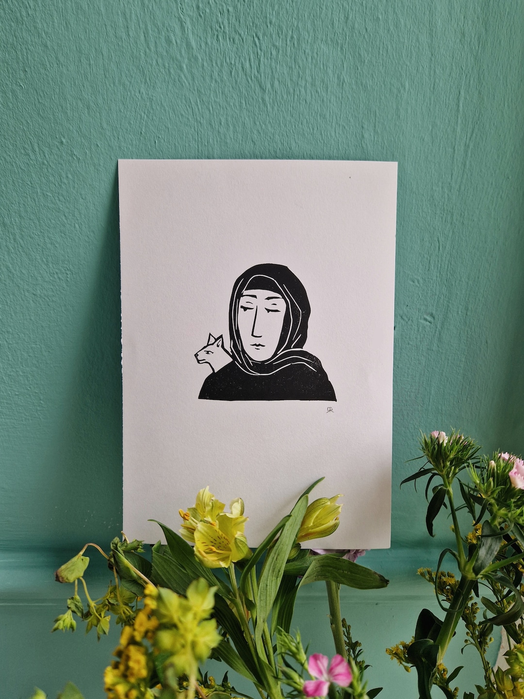 Portrait Linocut Woman and Cat A5 Original Print - Etsy
