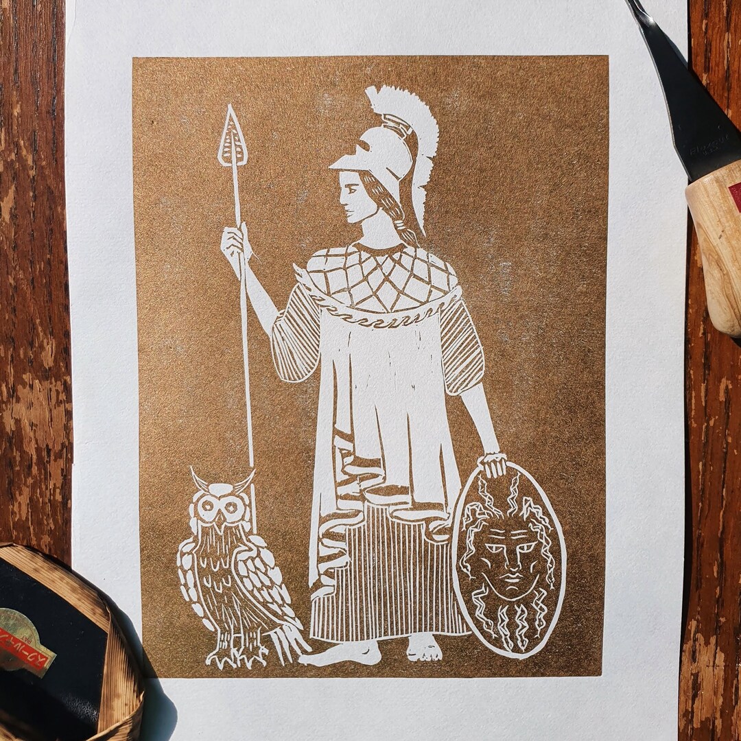 Athena Greek Goddess - Original Lino Print - Linocut Mythology Gold ...