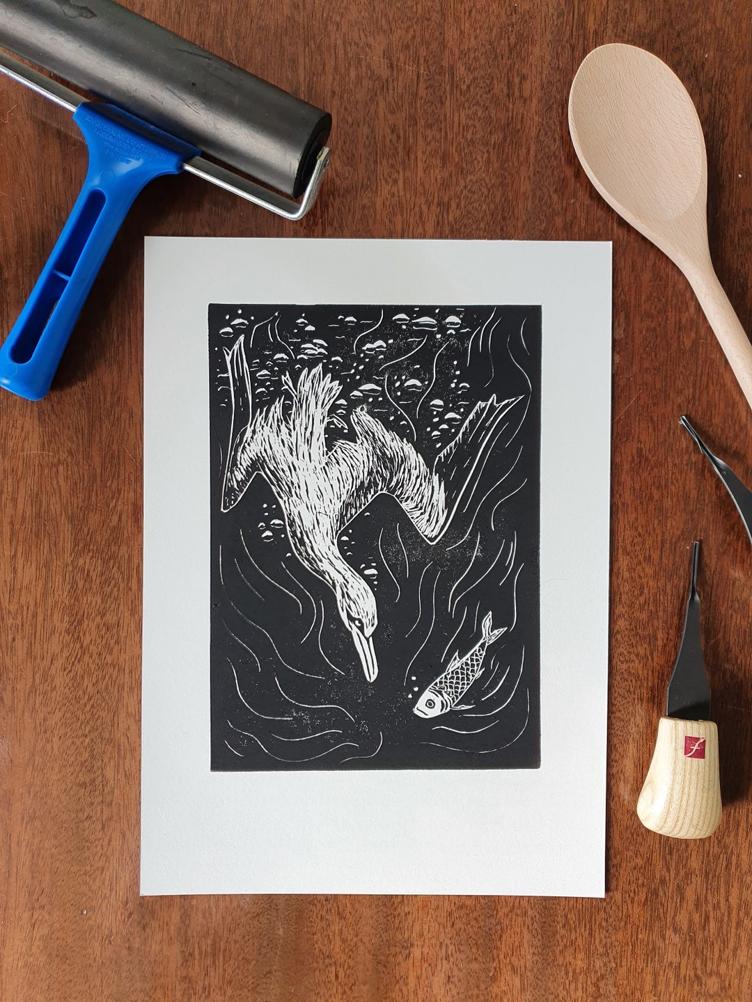 Diving Gannet Lino Cut Print: Sea Bird Art, A4 - Etsy