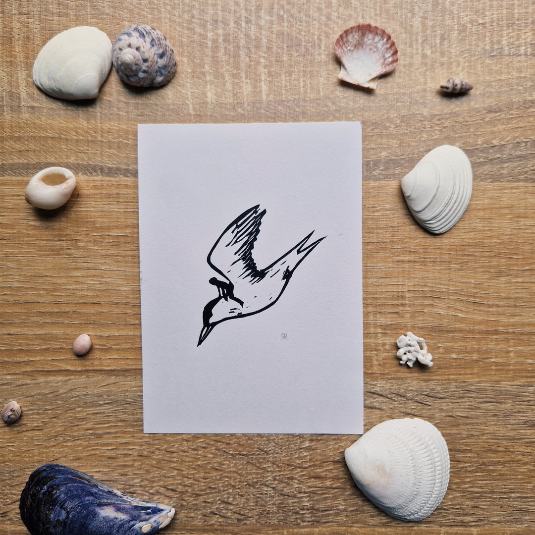 Tern Flyer A5 Original Linocut Print Arctic Tern Print With Tiny Human Art - Etsy