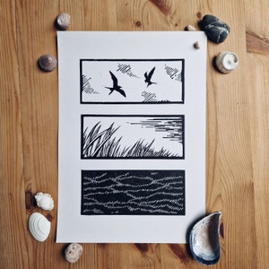 Terns at the Beach Lino Cut Print Black Print Scottish Art - Etsy