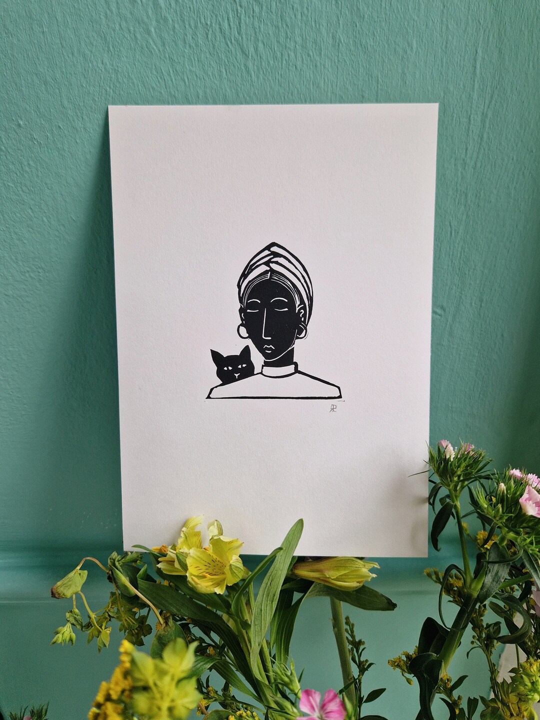Portrait Linocut Woman and Cat A5 Original Print - Etsy