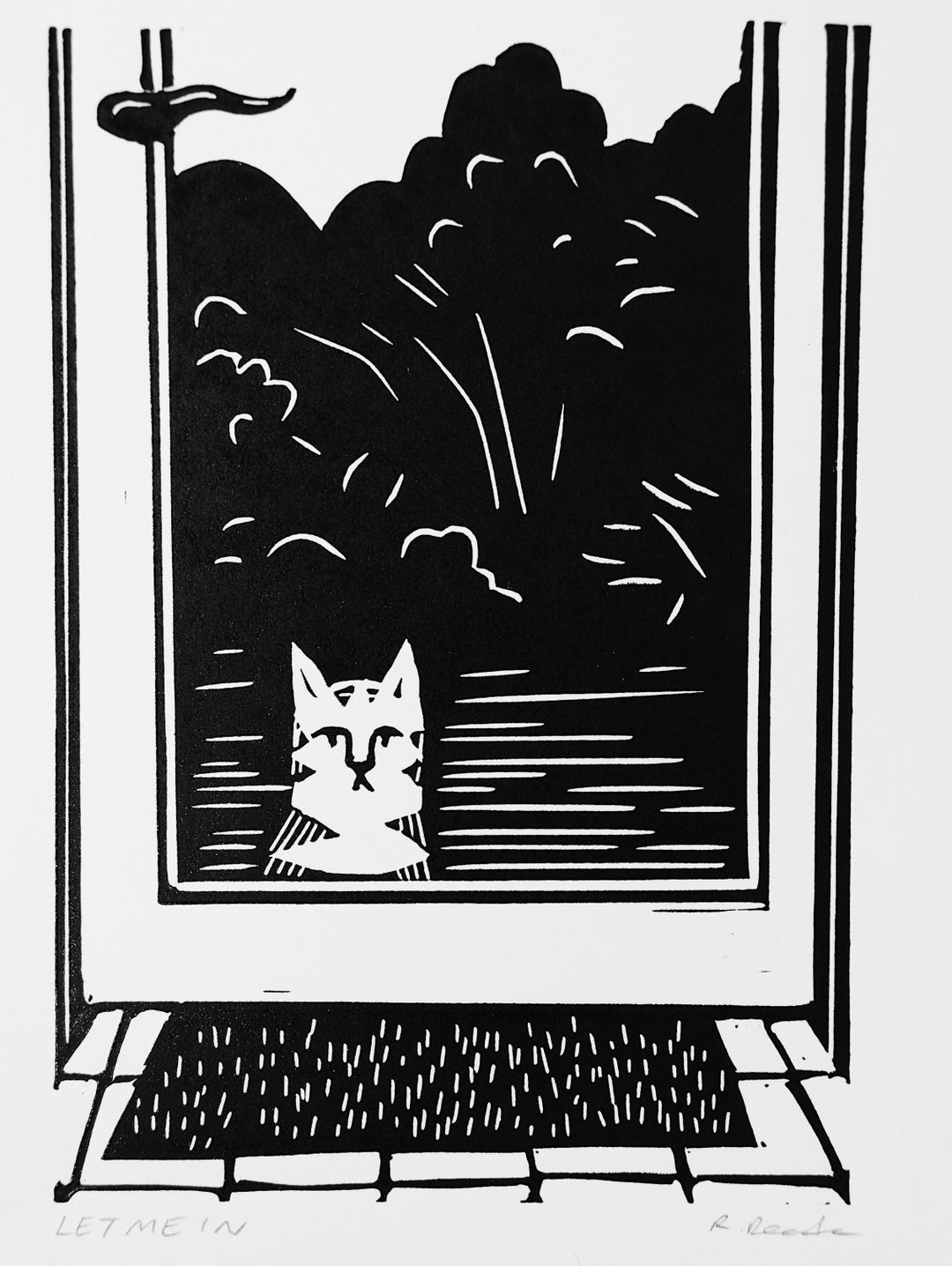 Let Me in - Original Linocut Print A5 - Cat Door Art - Etsy