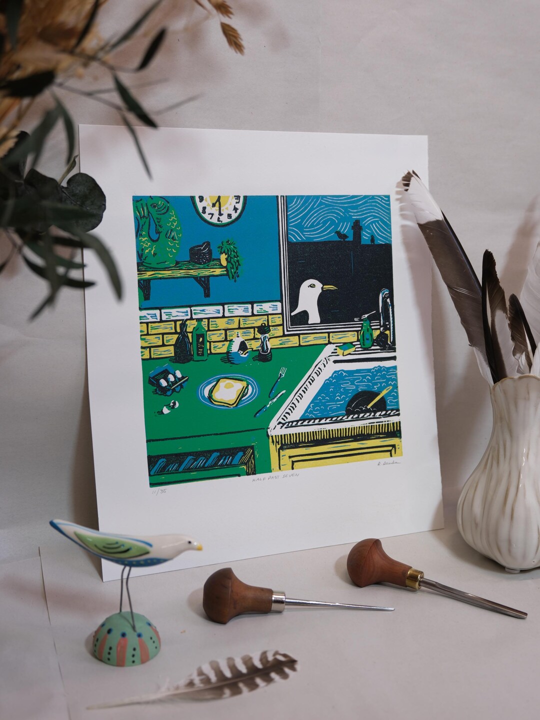Half Past Seven - Original Limited Edition Linocut Print - Seagull and ...