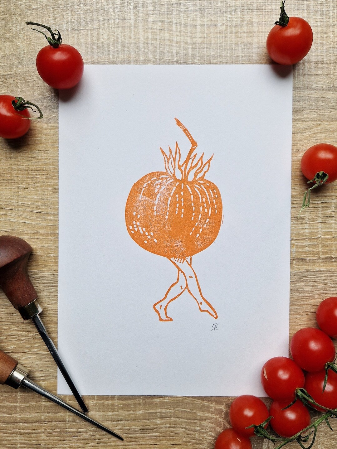 Walking Vegetables Tomato With Legs Lino Cut Print Original Handprinted ...