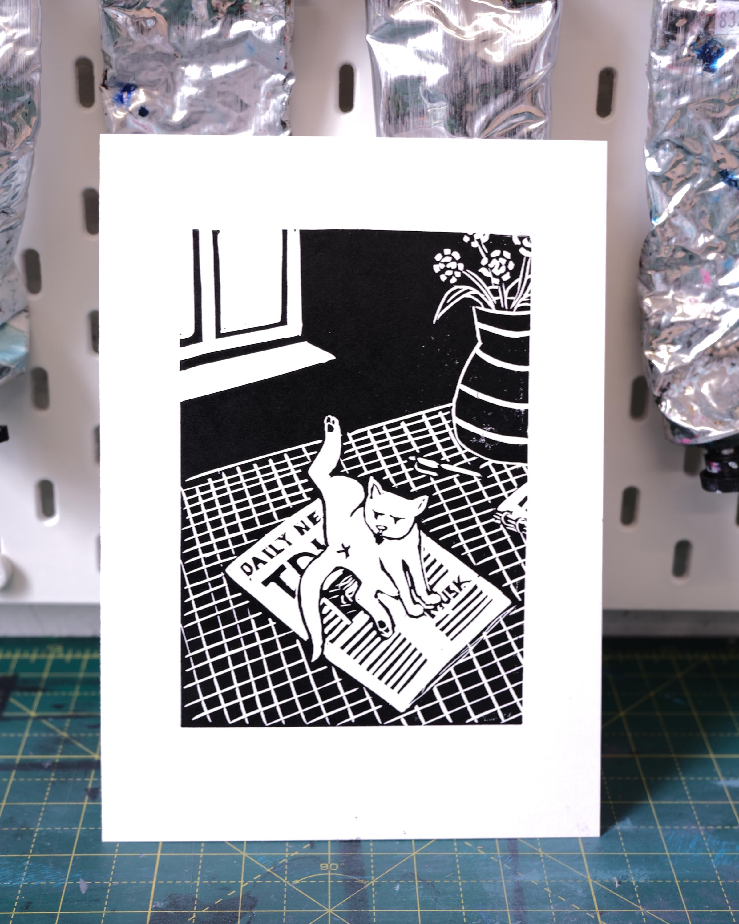 Front Page Spread - Original Linocut Print A5 - Dog Breakfast Table ...