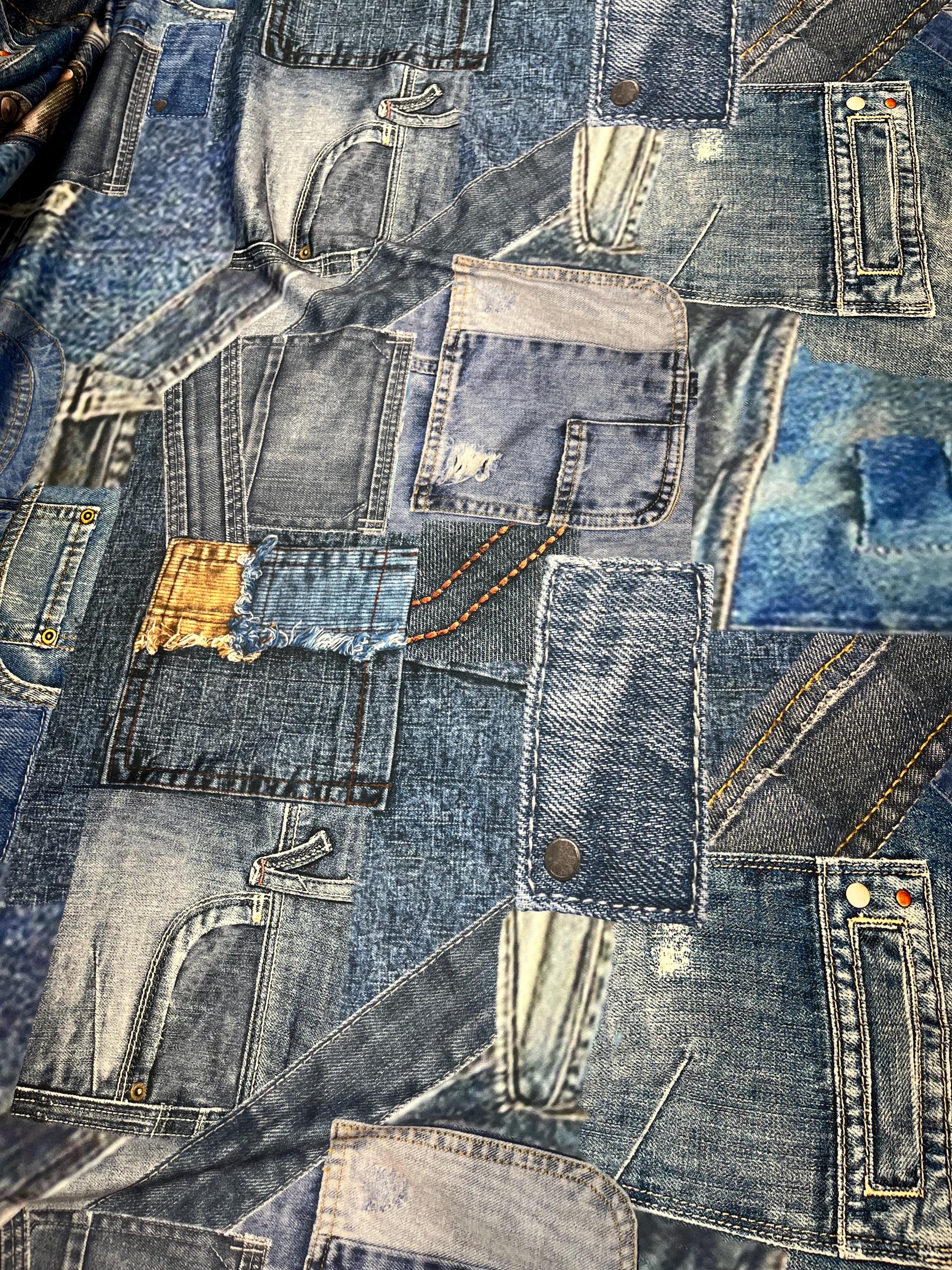 Stretch Patchwork Print Fabric: Denim Look, Stretch - 60