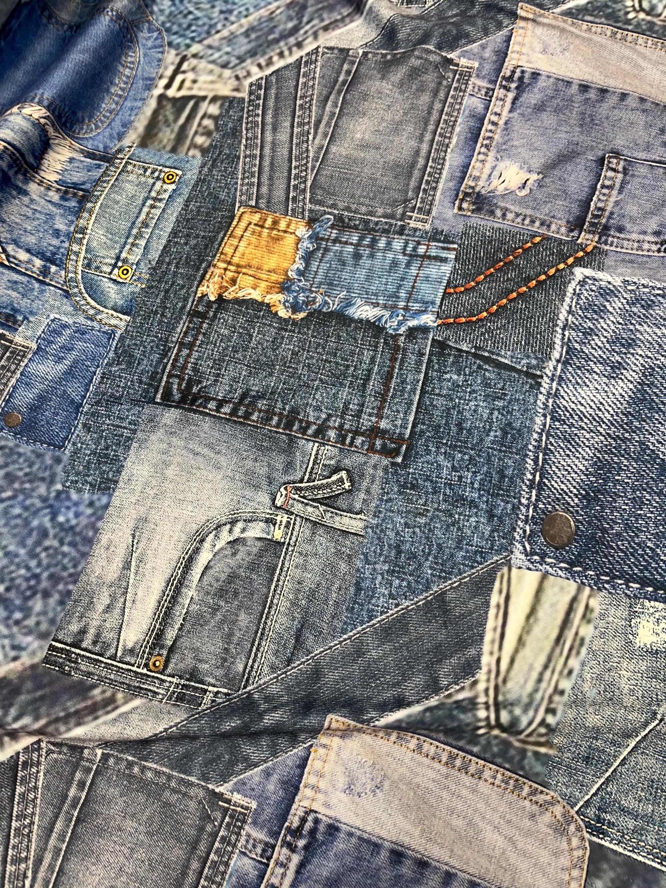 Stretch Patchwork Print Fabric: Denim Look, Stretch - 60