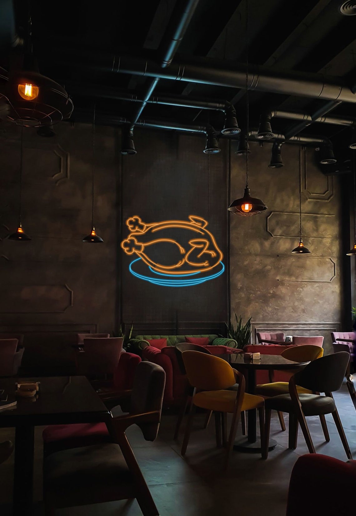 Fried Chicken on a Plate Neon Sign for Restaurant or Cafe. Led Roast ...