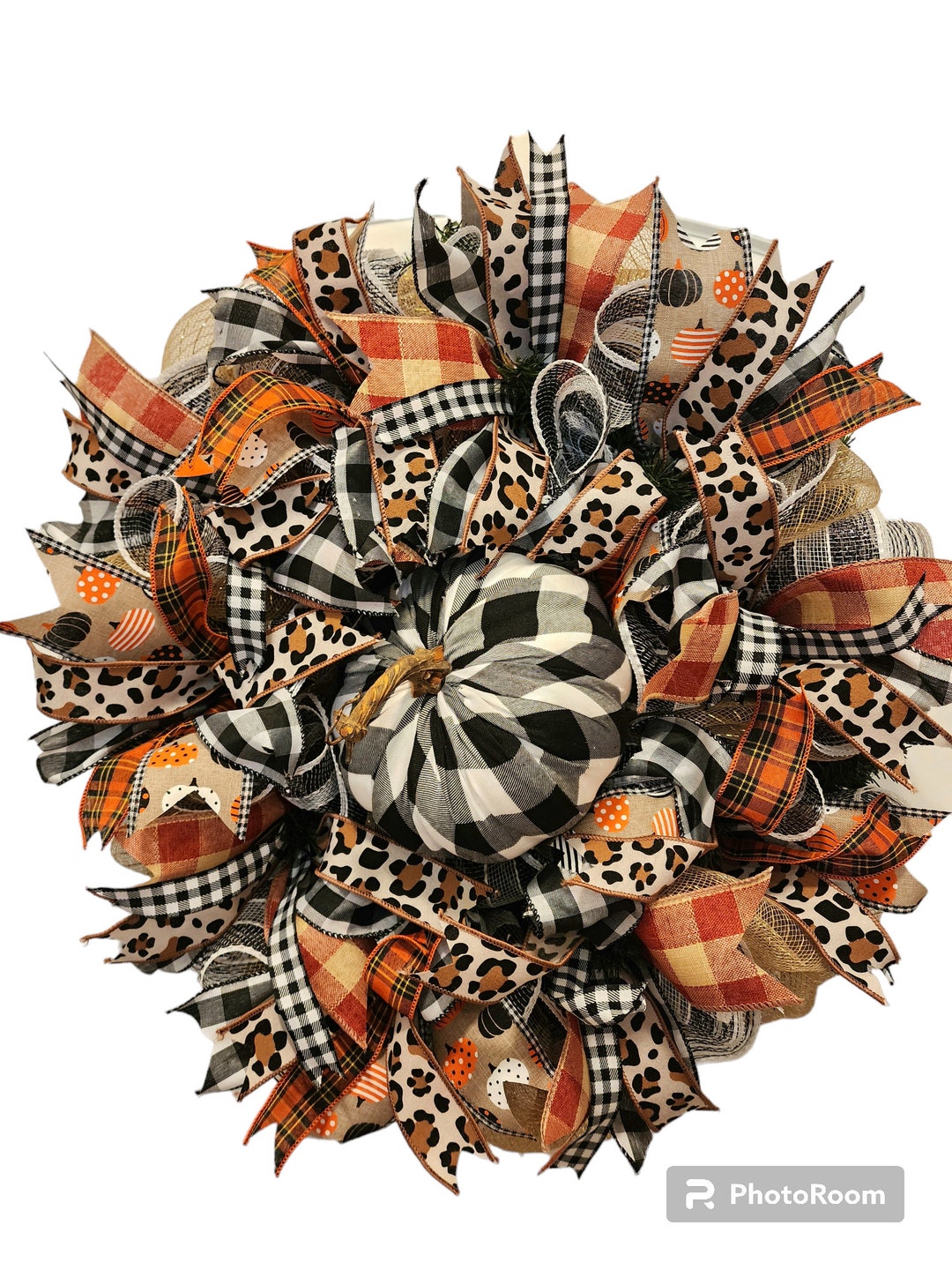 Handmade Fall Wreath With Plaid and Leopard Print Ribbons - Halloween ...