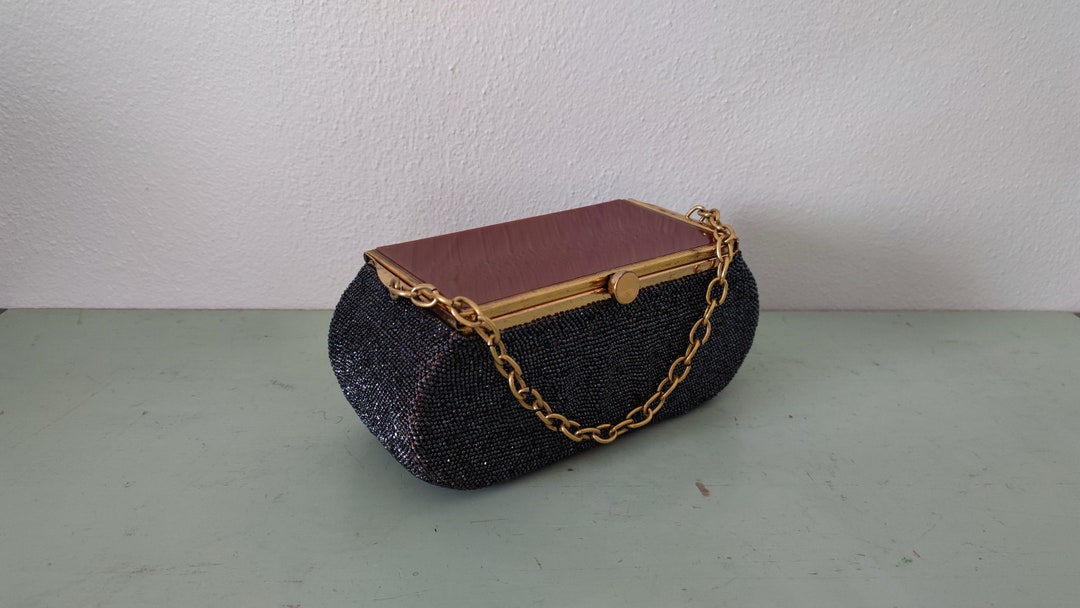1940’s Black Beaded Box Purse Brass Lined Bakelite Mirrored Top Brass ...