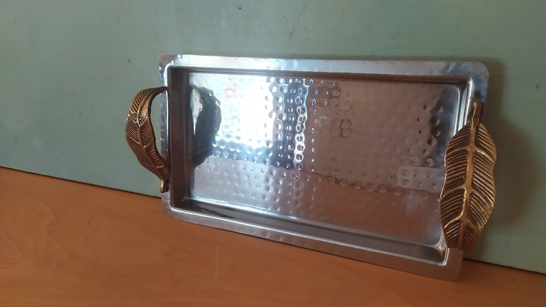 Hammered Stainless Steel Rectangular Tray Brass Leaf Handles - Etsy