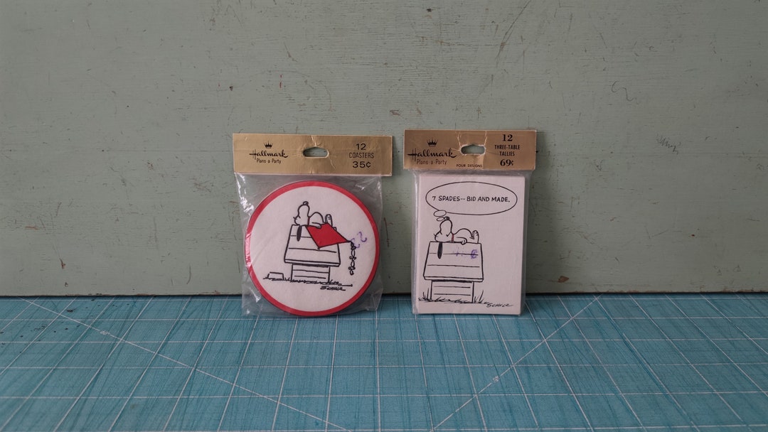 Snoopy Peanuts Plans A Party Bridge Talley Score Cards and Coasters 12 ...