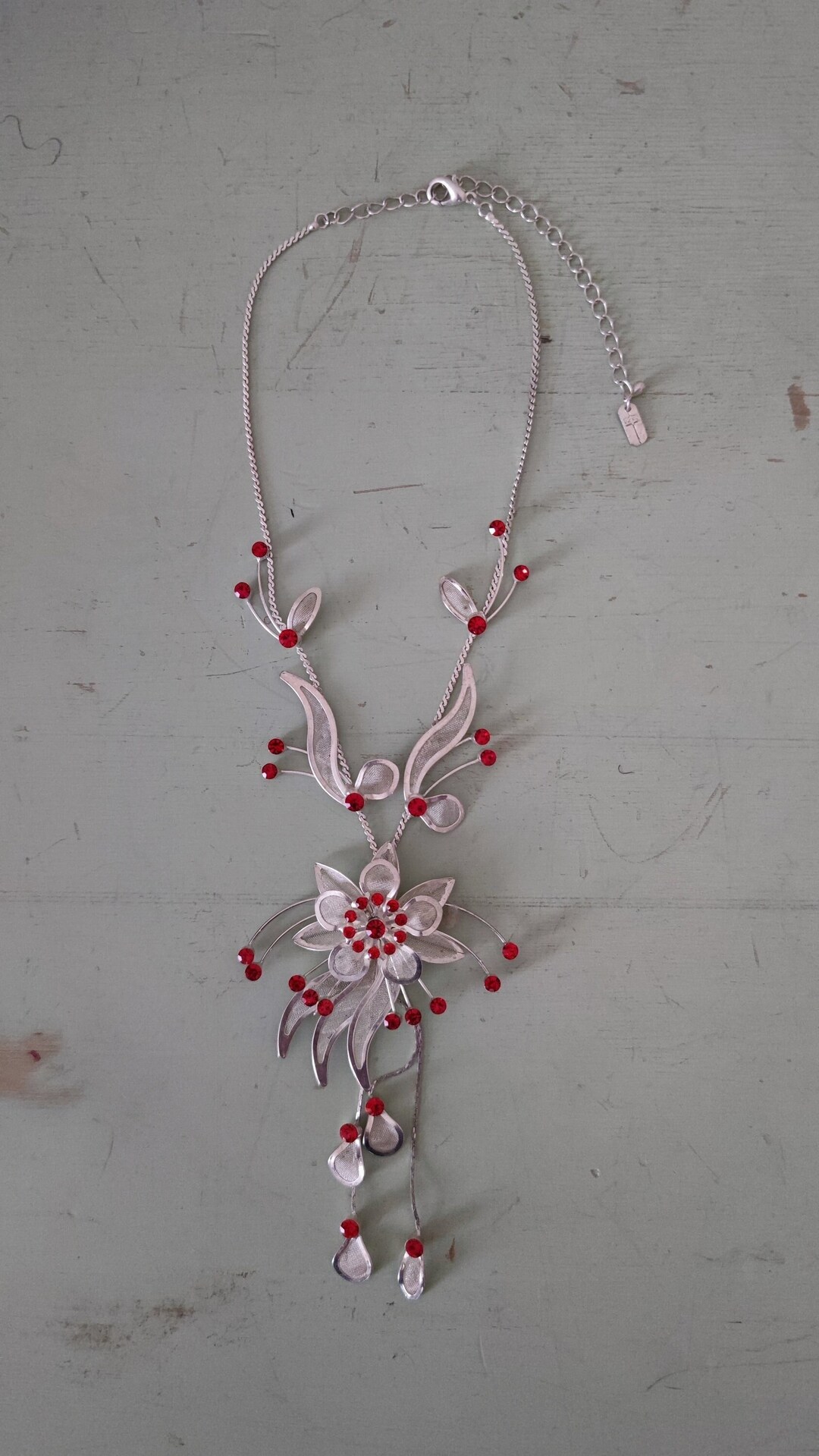 Thailand Part Silver Mesh Red Crystal Glass Flower Filagree Laced ...
