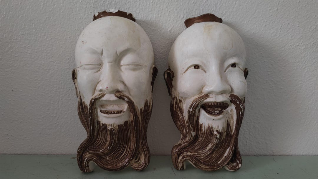 Chinese Lu and Shou Gods Chalkware of the Three Star Gods Wall Mounted ...
